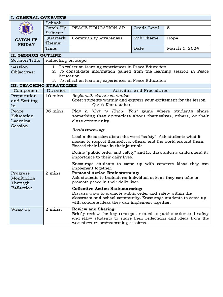 Grade 5 Peace Education Session | PDF | Brainstorming | Lesson Plan