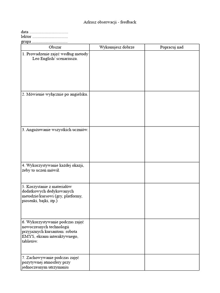Arkusz Obserwacji Feedback | PDF