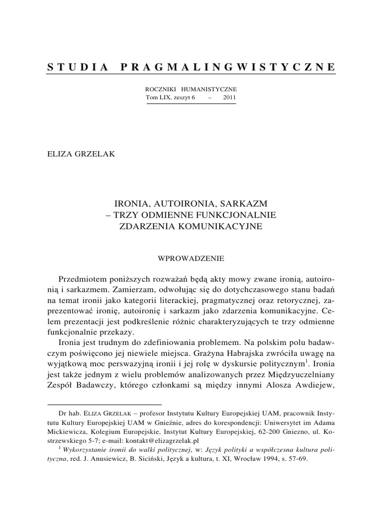 Ironia Autoironia Sarkazm Trzy Odmi | PDF