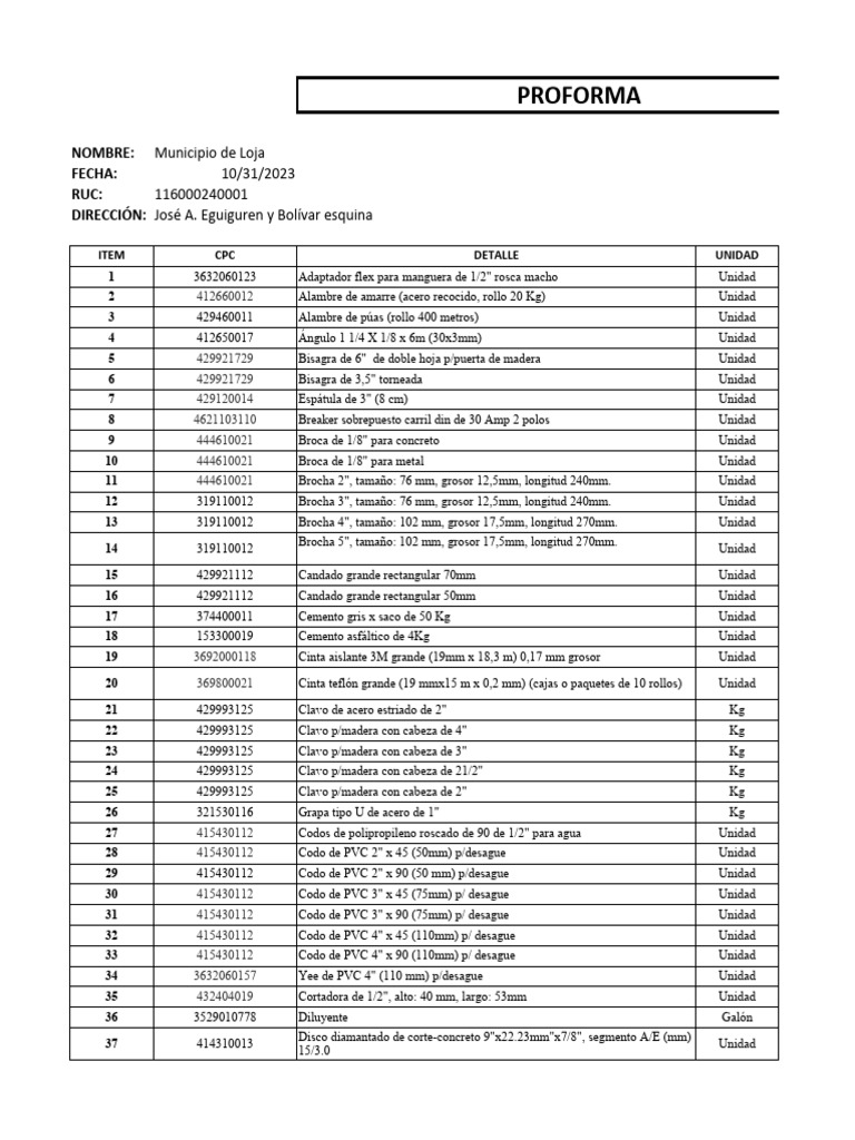 Proforma de Suministros para Construcción | PDF