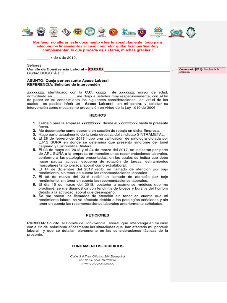 Modelo Carta Al Comité de Convivencia Laboral | PDF | Violación ... Modelo Carta Al Comité de Convivencia Laboral | PDF | Violación ...