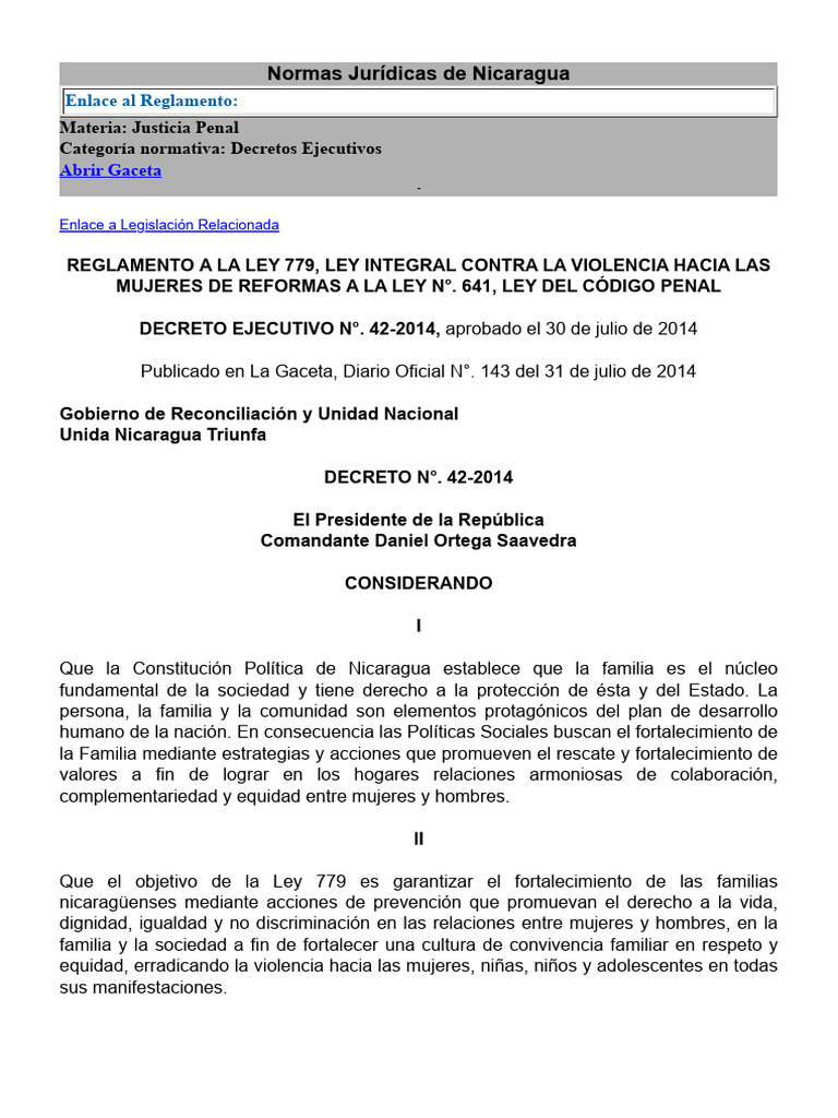 Reglamento A La Ley 779, Ley Integral Contra La Violencia Hacia Las ...