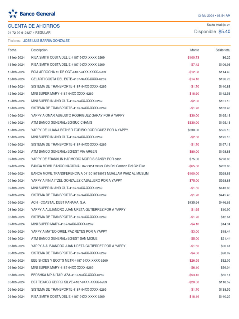 Ultimos Movimientos Cuenta de Ahorros 2024 02 13 | PDF | Bancario | Servicios financieros