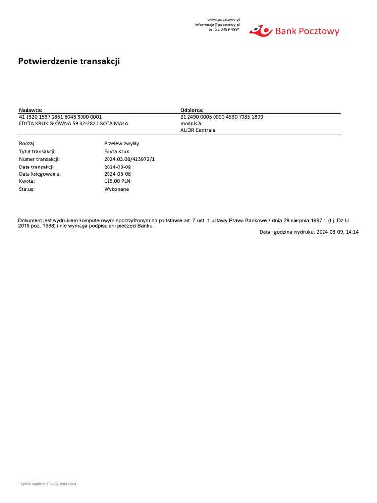 Potwierdzenie Transakcji: Nadawca: Odbiorca | PDF