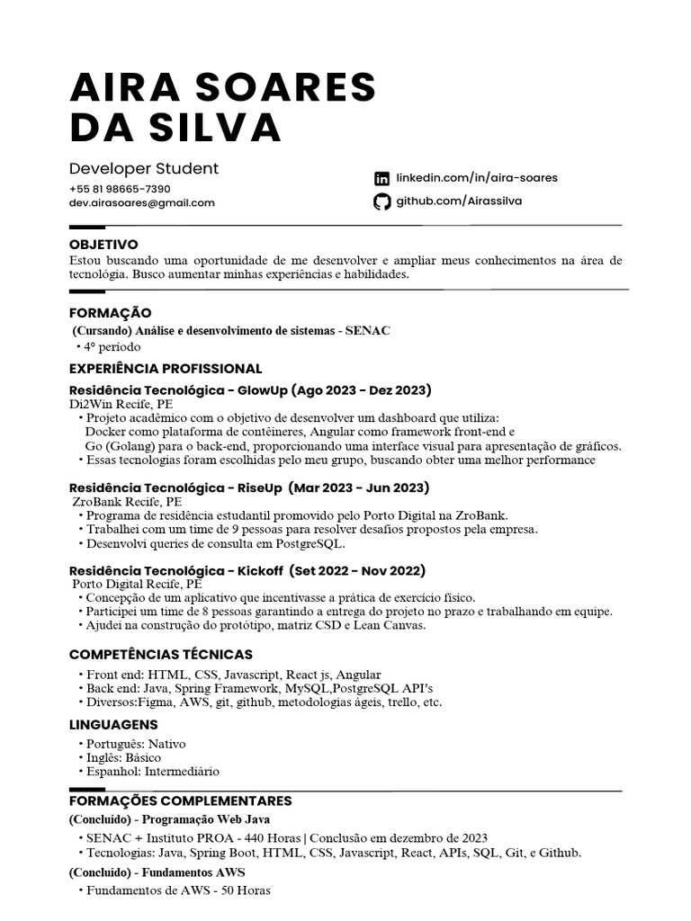 CV Aira Soares Da Silva 2024 | PDF | Script Java | Engenharia de Sistemas