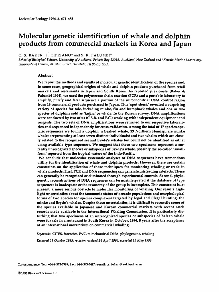 1 - Molecular Genetic Identification of Whale and Dolphin Baker1996 | PDF | Polymerase Chain ...