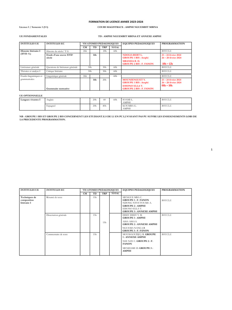 Modifie - Emploi - Du - Temps - Licence - Lettres - Modernes - 2024 Derniere Programmation | PDF