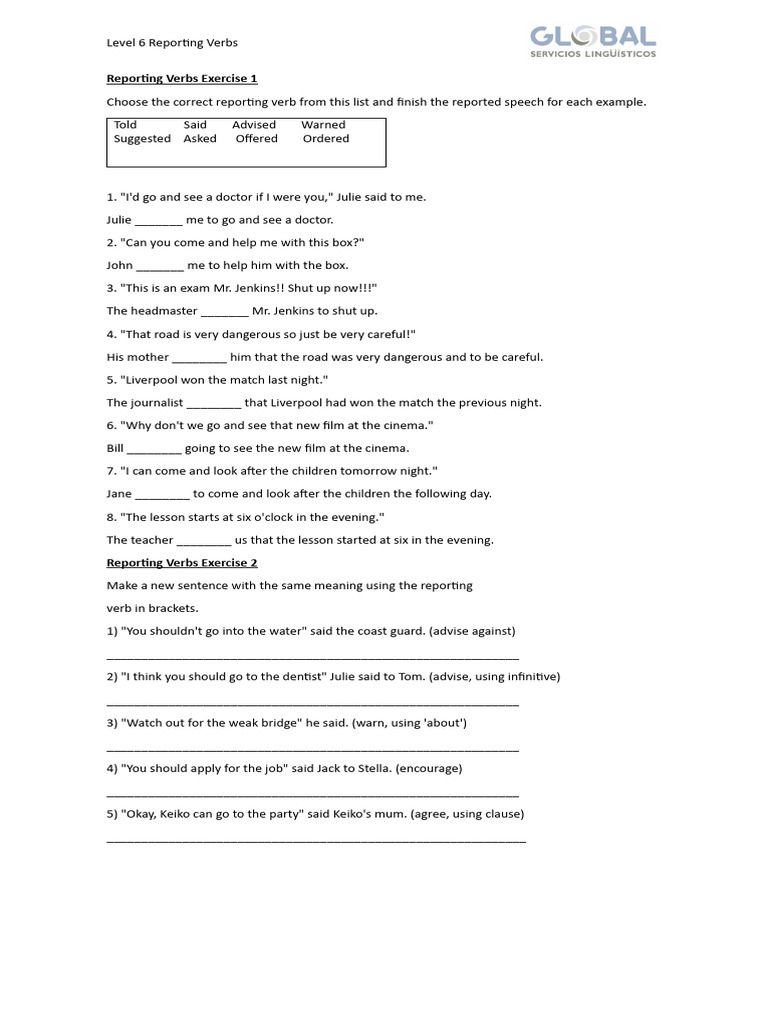 Reporting Verbs Exercises | PDF