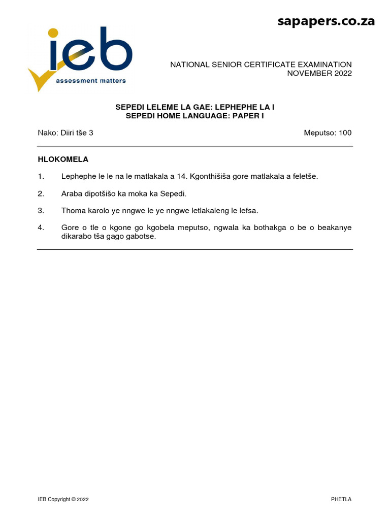 Sepedi HL P1 2022 | PDF