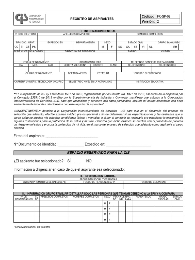 Formato Registro De Aspirantes Pdf