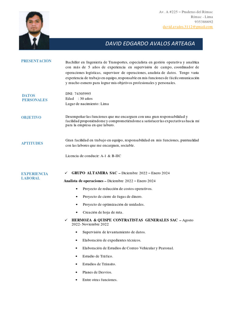 CV David Avalos Enero 2024 | PDF | Logística | Transporte