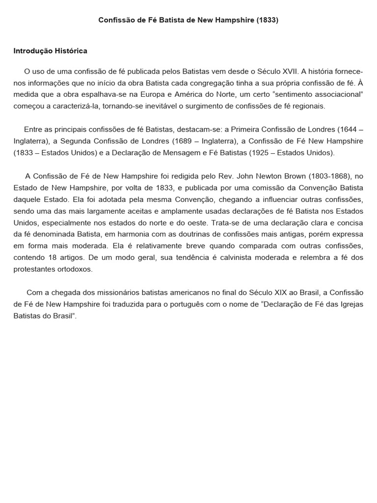 Confissão de Fé Batista de New Hampshire | PDF | Batistas | Crença e ...