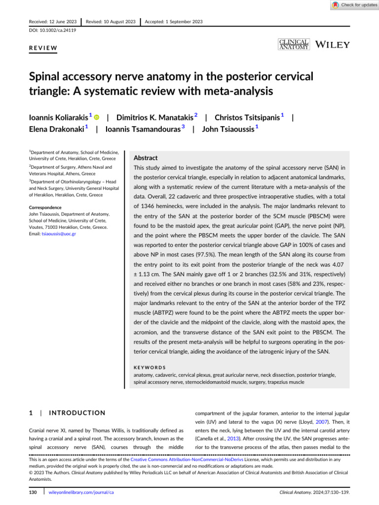 Clinical Anatomy - 2023 - Koliarakis - Spinal Accessory Nerve Anatomy ...