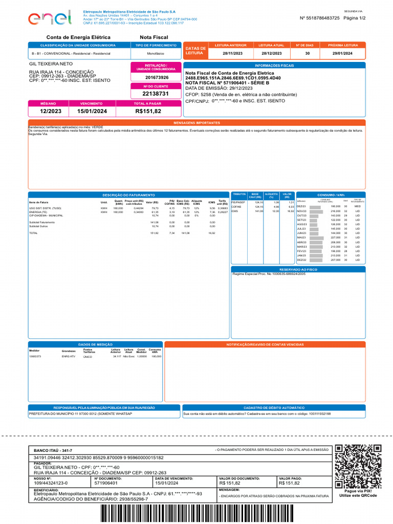 Conta de Energia Elétrica Nota Fiscal | PDF