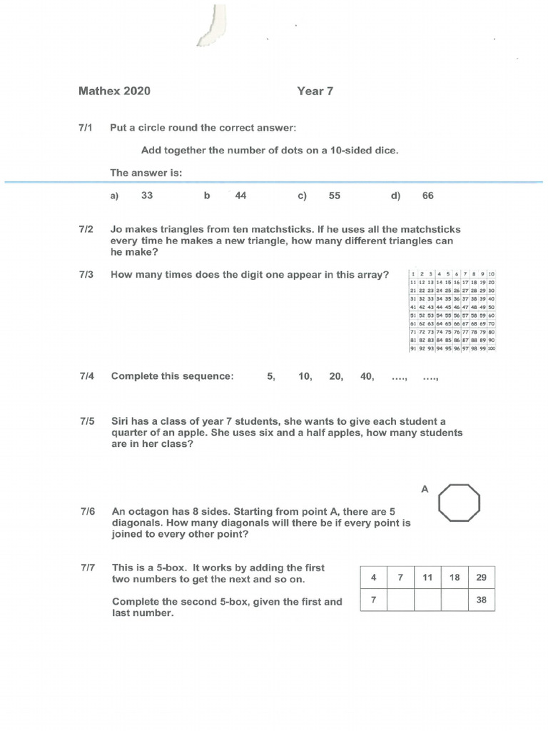 2020 Year 7 Mathex | PDF