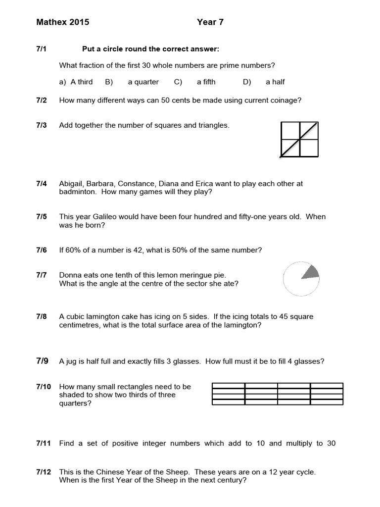 Mathex Year 7 2015 Final | PDF | Numbers | Elementary Mathematics