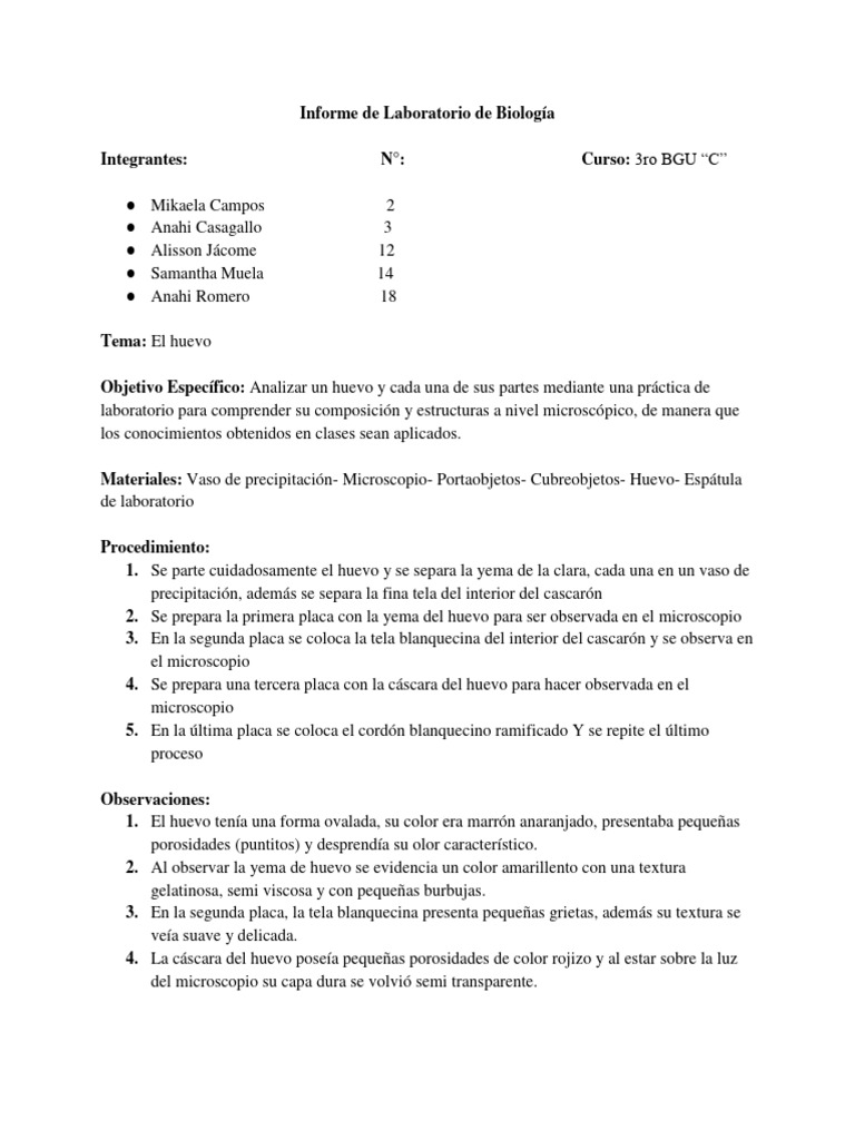 Informe de Laboratorio de Biología | PDF | Huevo | Pollo