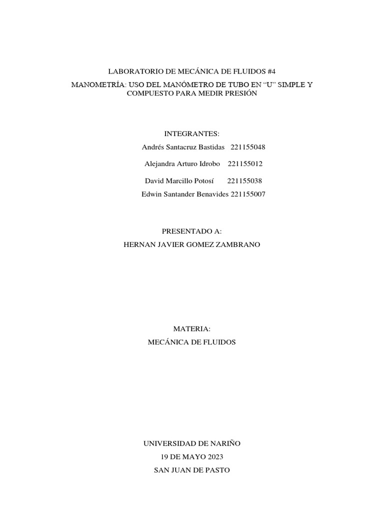 Manometría: Uso del Manómetro en U | PDF | Medida de presión | Presión