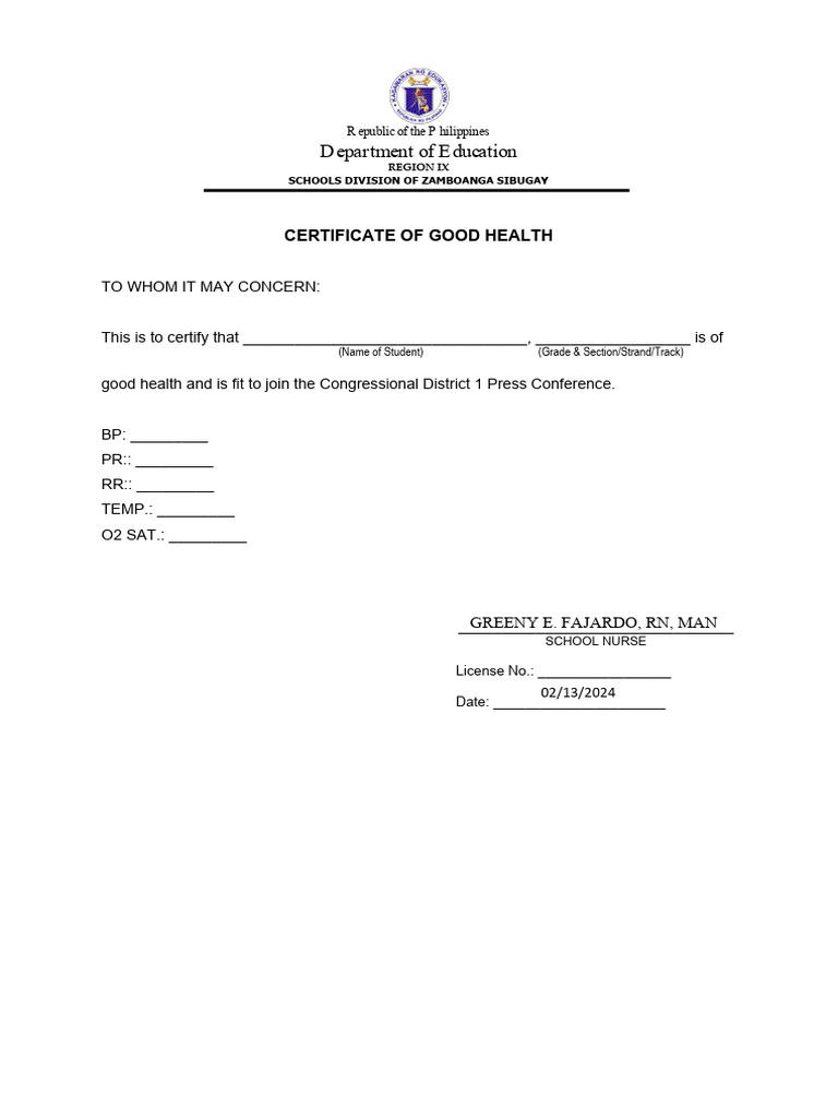 Cert. of Good Health | PDF