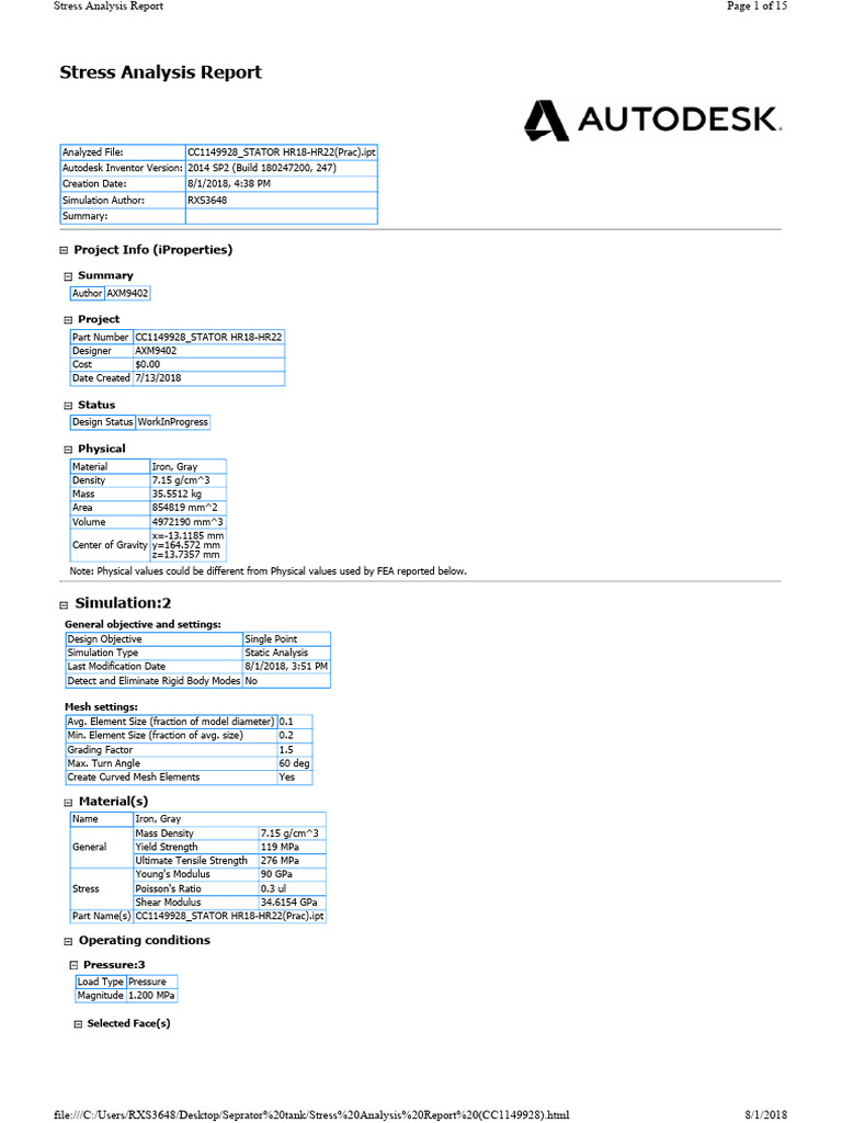 Stress Analysis Report (CC1149928) | PDF | Strength Of Materials | Stress (Mechanics)