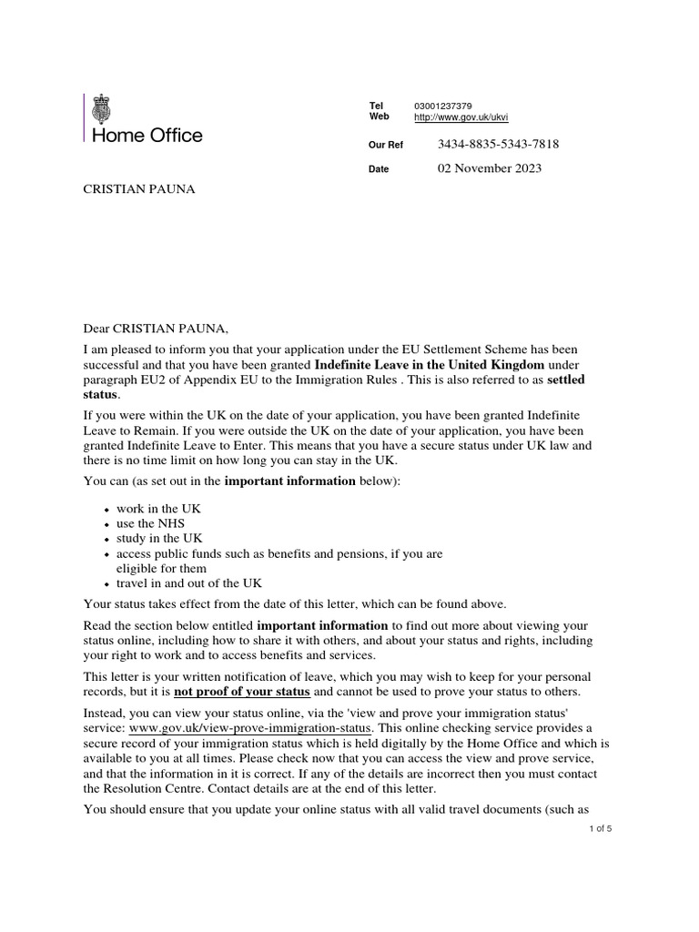 EU Settlement Scheme Approval Letter | PDF | Identity Document ...