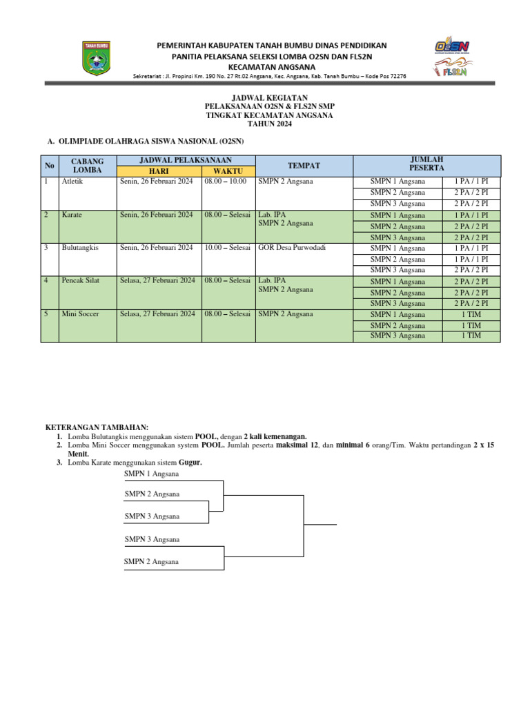 Jadwal Pelaksanaan O2sn FLS2N SMP Tahun 2024 | PDF