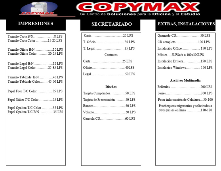 Precios Copymax | PDF