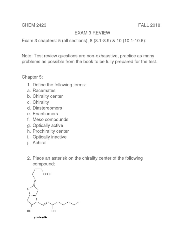 Exam 3 Review | PDF | Chirality (Chemistry) | Alkene