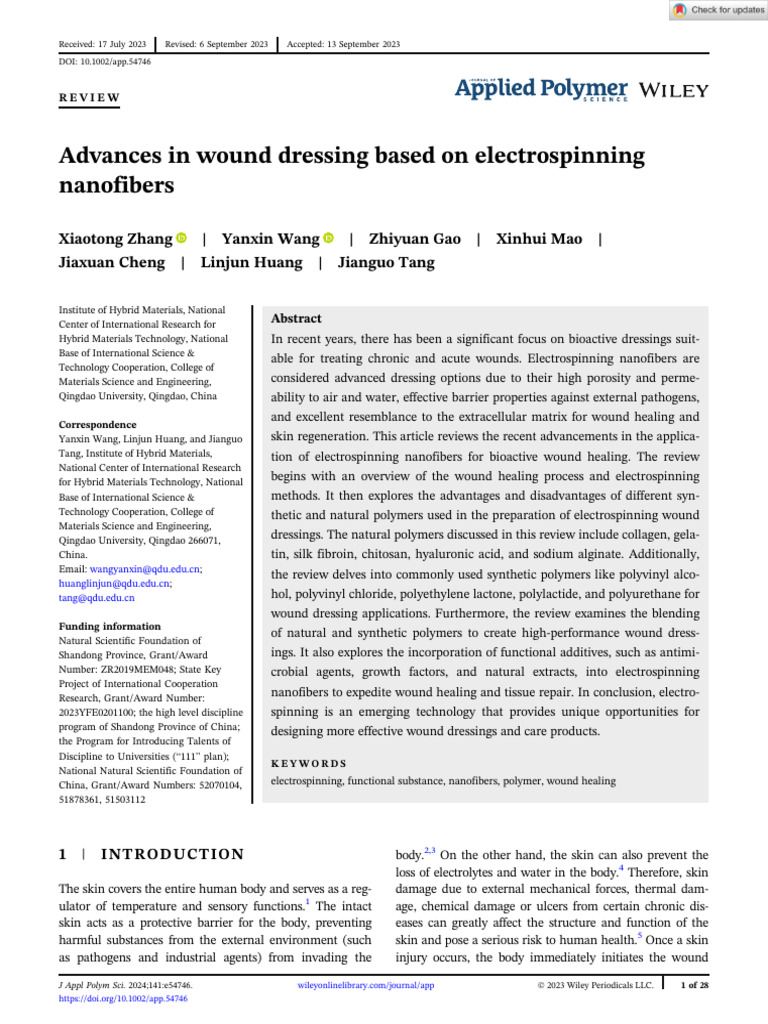 J of Applied Polymer Sci - 2023 - Zhang - Advances in Wound Dressing Based On Electrospinning ...