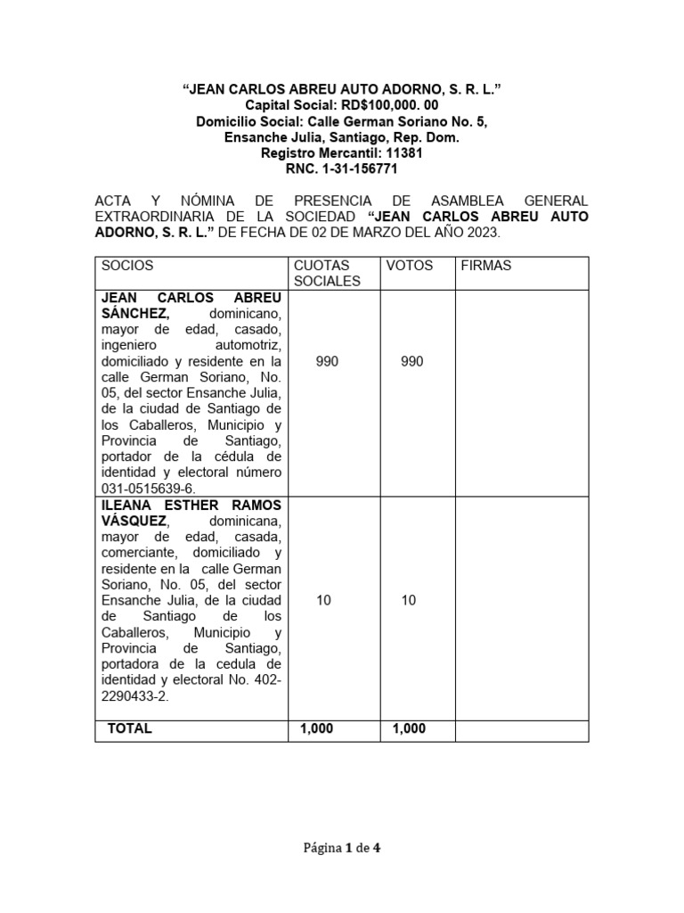 Acta y Nomina de Presencia de Asamblea Extraordinaria para S.R.L. | PDF ... Acta y Nomina de Presencia de Asamblea Extraordinaria para S.R.L. | PDF ...