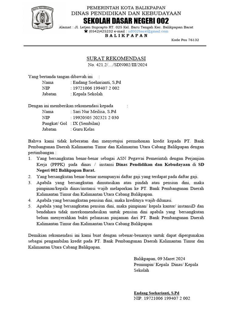 Surat Rekomendasi Asn P3K | PDF