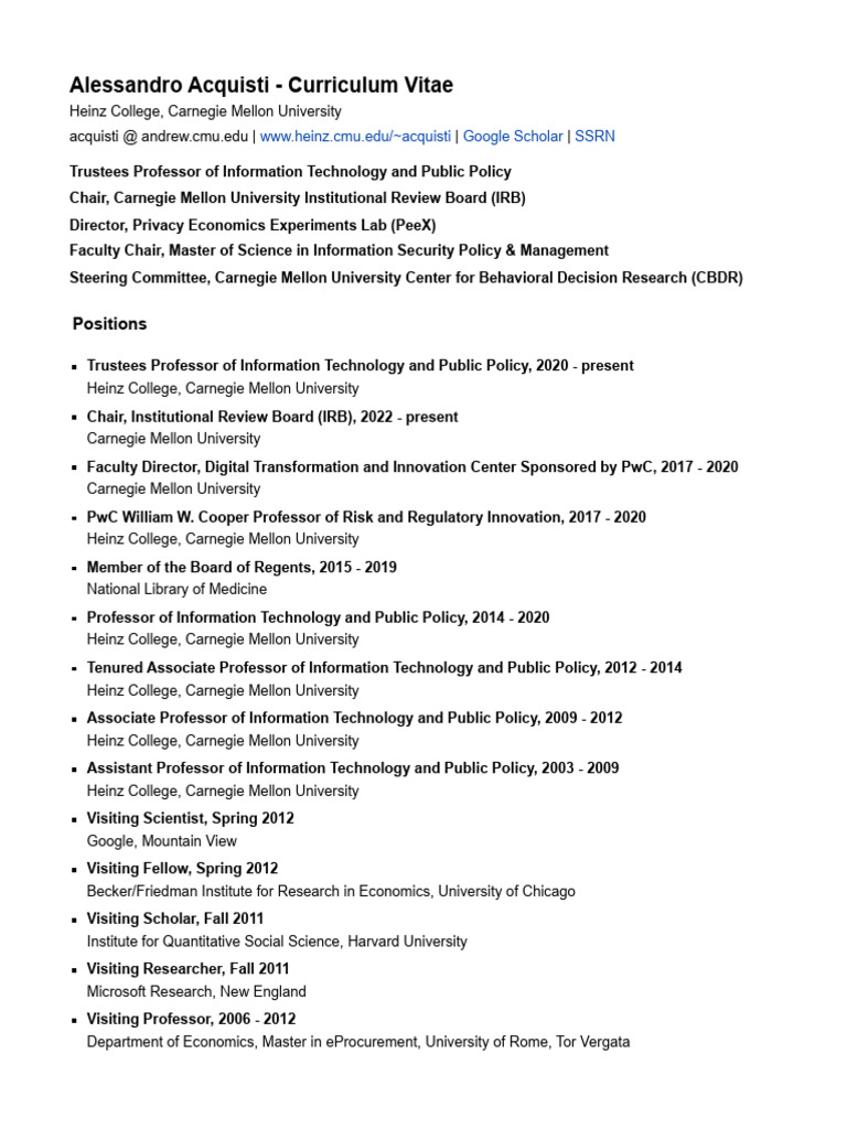 Alessandro Acquisti CV: Privacy Expert | PDF | Privacy | Carnegie ...