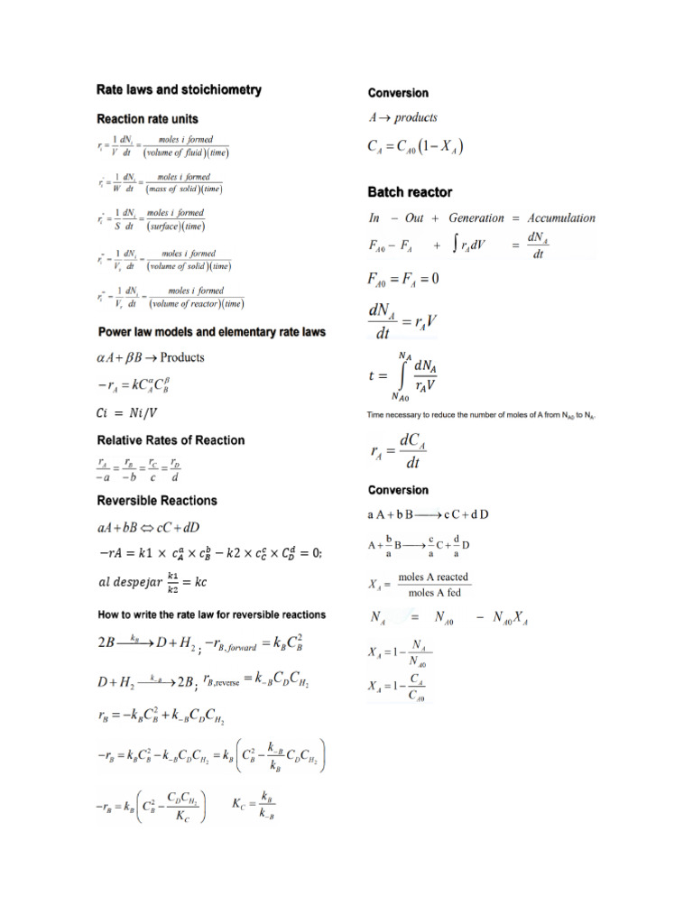 Formulario Cinética de Reactores - Prueba 1 | PDF