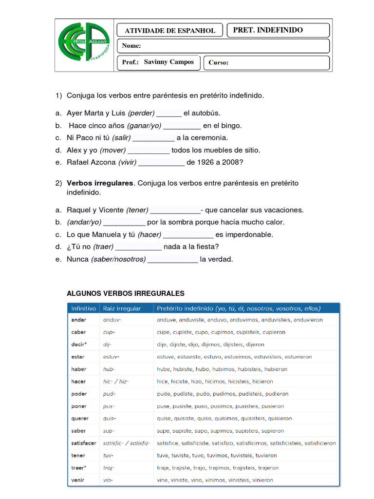 PRETÉRITO INDEFINIDO - Actividad | PDF