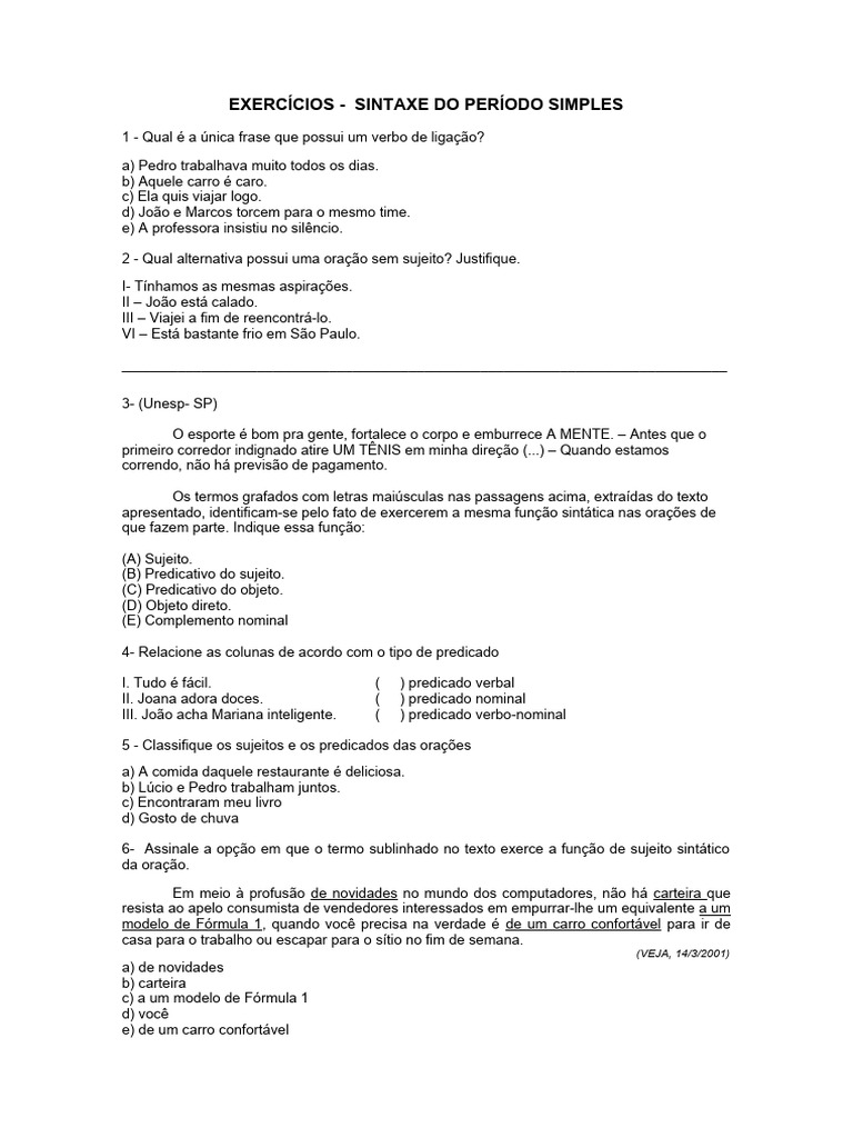 Exercícios de Sintaxe do Período Simples | PDF | Assunto (gramática) | Predicado (gramática)