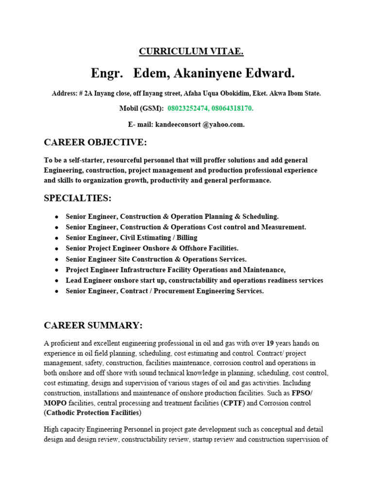 Edem, Akaninyene E. CV (Planning, Cost Control, Project and Const Enginner) 1 | PDF | Pipeline ...