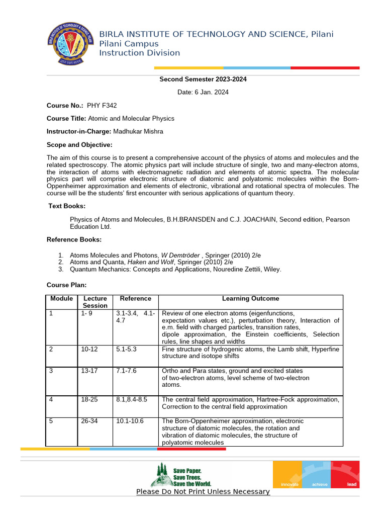 Handout PHY F342 | PDF | Atoms | Emission Spectrum