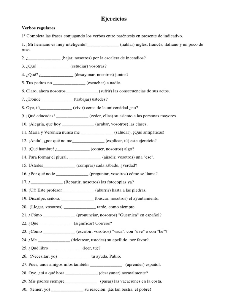 Ejercicios Verbos Regulares Pdf