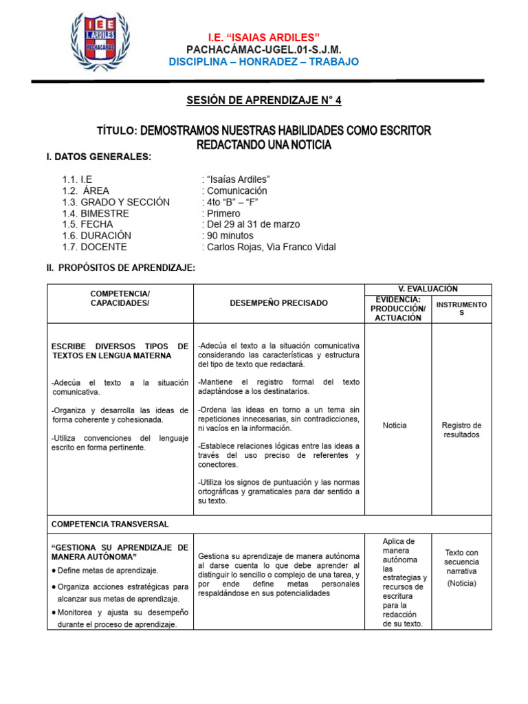 Sesión 4 4° B F Sec Demostramos Nuestras Habilidades Como Escritor