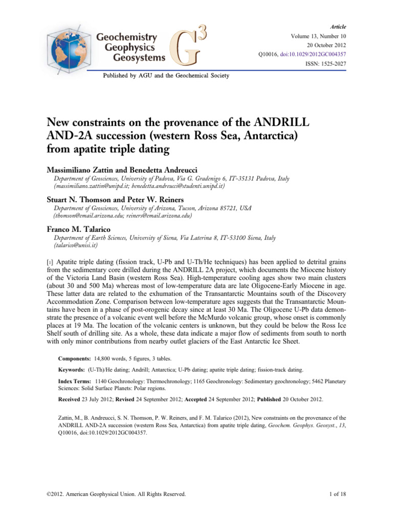 Geochem Geophys Geosyst - 2012 - Zattin - New Constraints On The Provenance of The ANDRILL AND ...