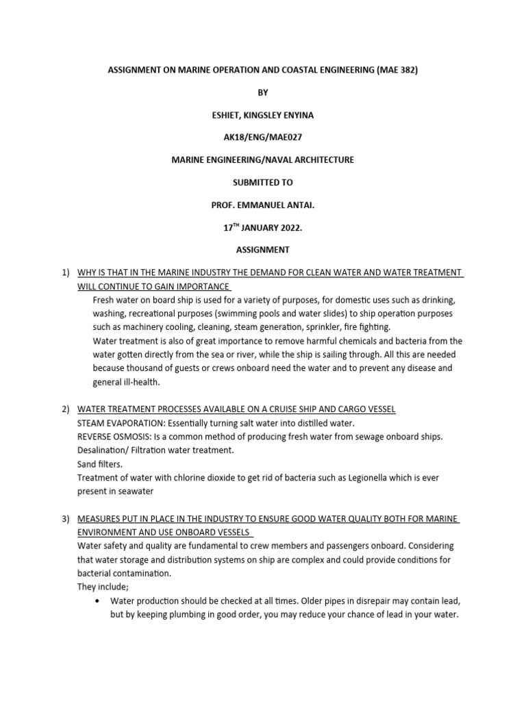 Assignment On Marine Operation and Coastal Engineering | PDF