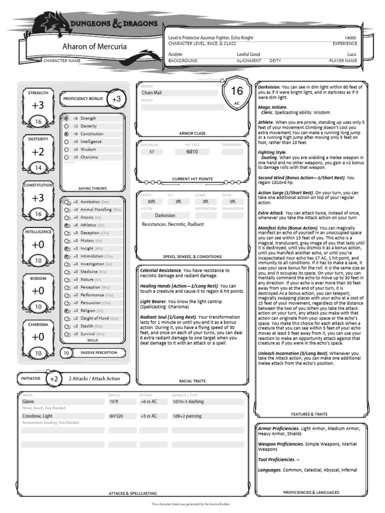 D&D 5E Character Sheet: Aasimar Fighter | PDF | Temple