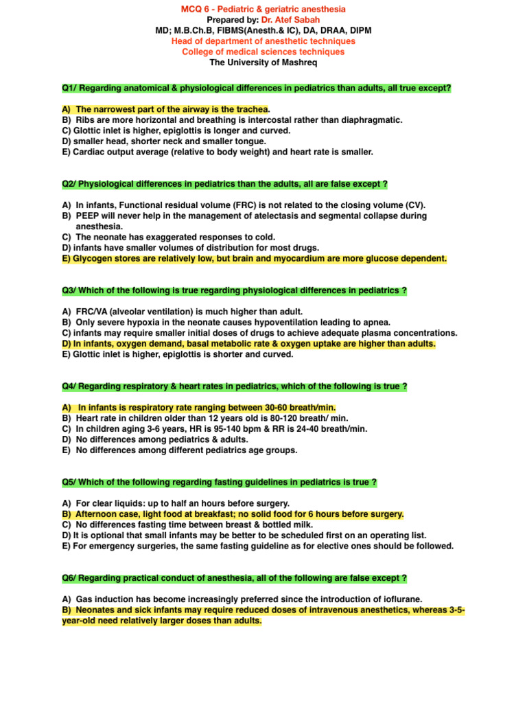 MCQ 6 - Pediatric & Geriatric Anesthesia | PDF