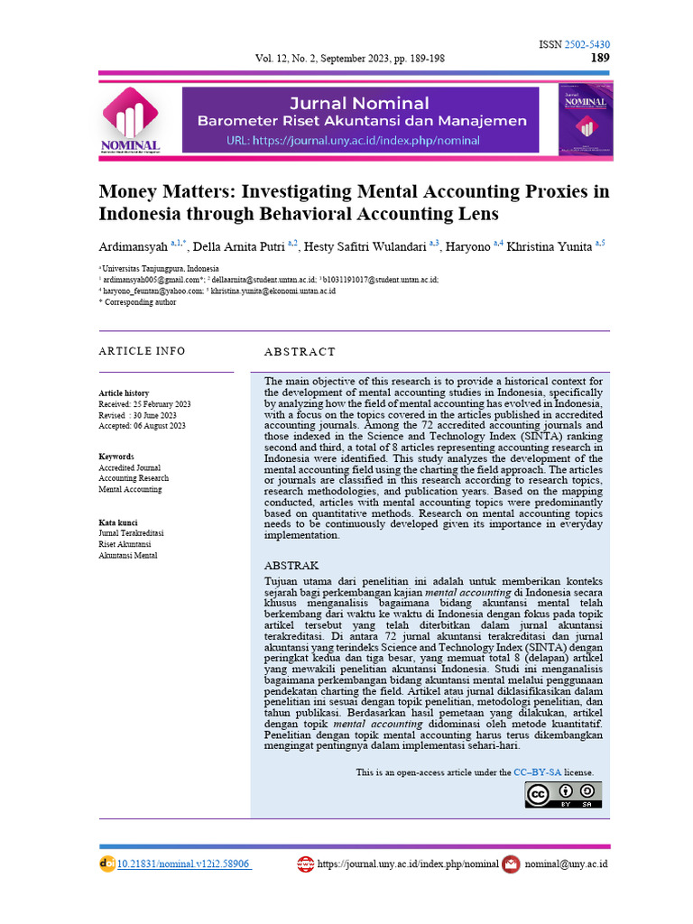 Money Matters - Investigating Mental Accounting Proxies in Indonesia Through Behavioral ...