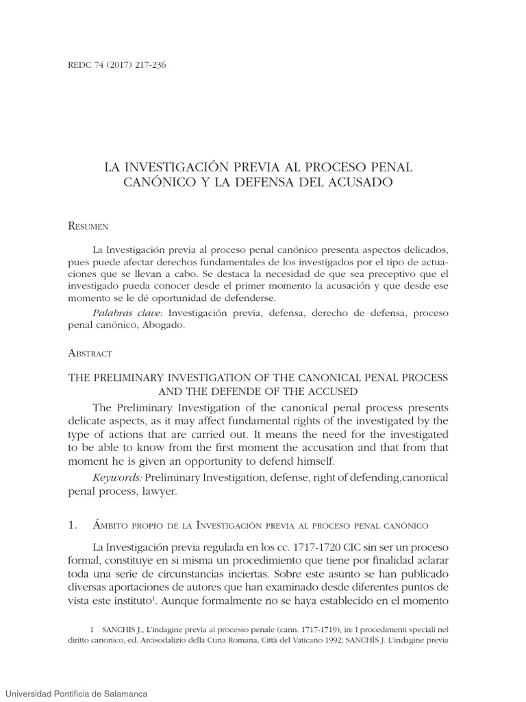 La Investigación Previa Al Proceso Penal Canónico Y La Defensa Del ...