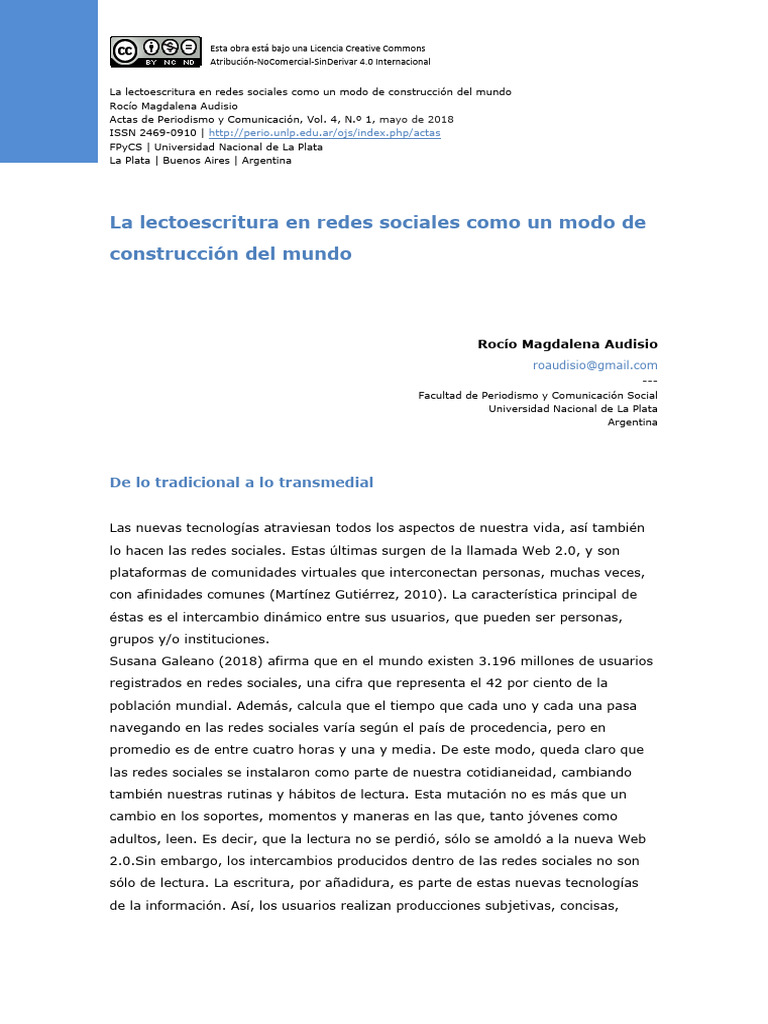 La Lectoescritura en Redes Sociales Como Un Modo de Construcción Del ...