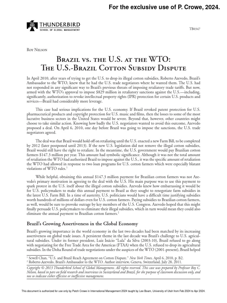 Brazil vs. The U.S. at The WTO: The U.S.-Brazil Cotton Subsidy Dispute ...