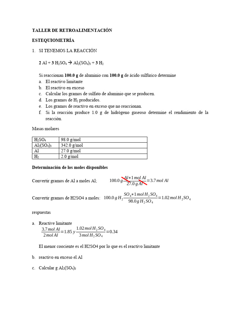 Taller de Retroalimentación | PDF | Ácido sulfúrico | Mole (Unidad)
