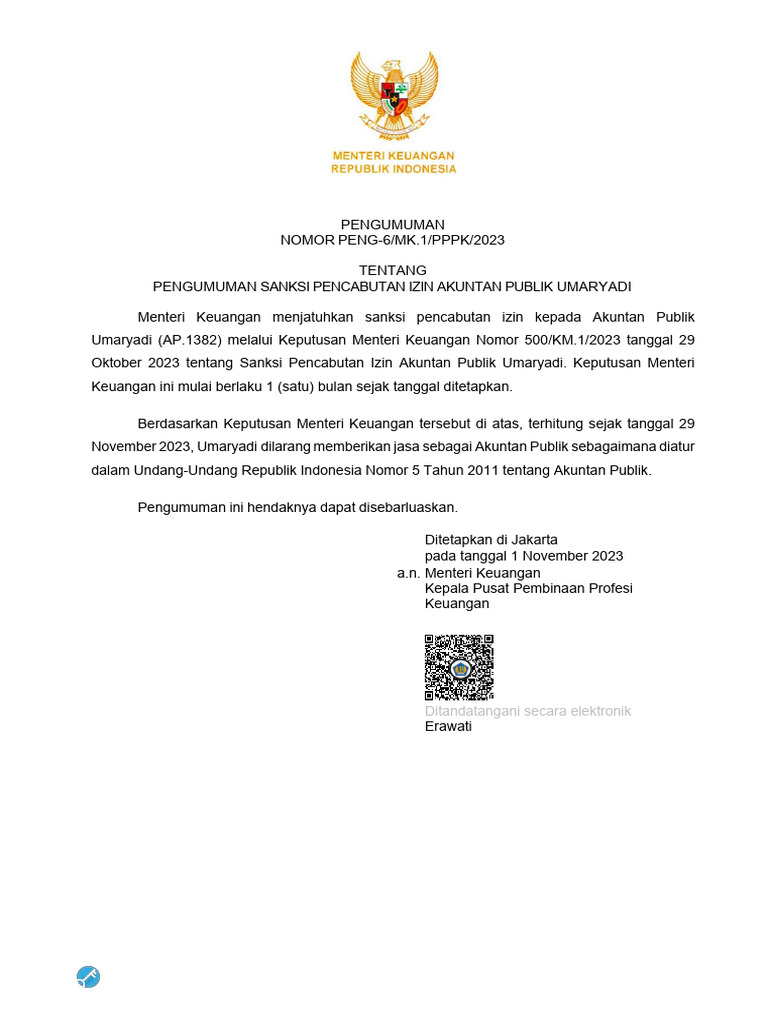 Sanksi Akuntan Publik Umaryadi AP.1382 Tahun 2023 KAP Umaryadi Ak CPA | PDF