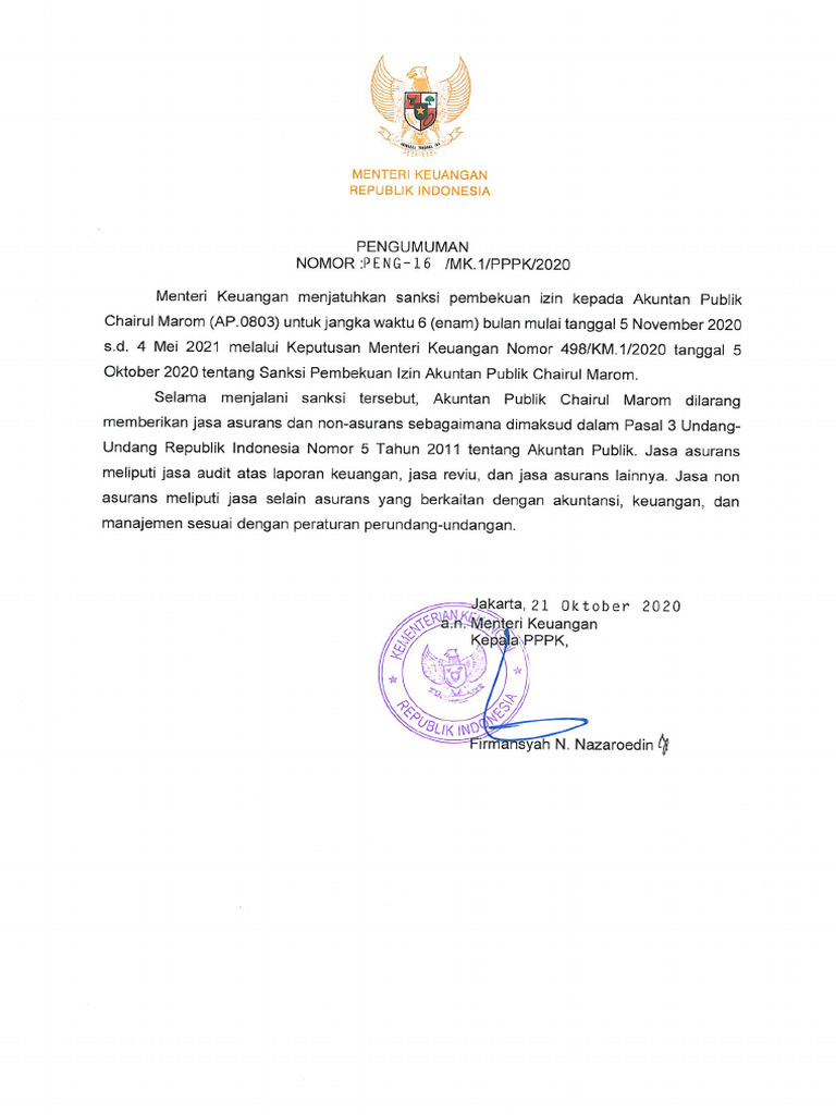 Sanksi Akuntan Publik Chairul Marom AP.0803 Tahun 2020-2021 KAP Junaedi ...